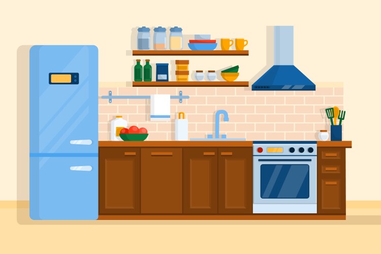Kitchen interior background cartoon Royalty Free Vector