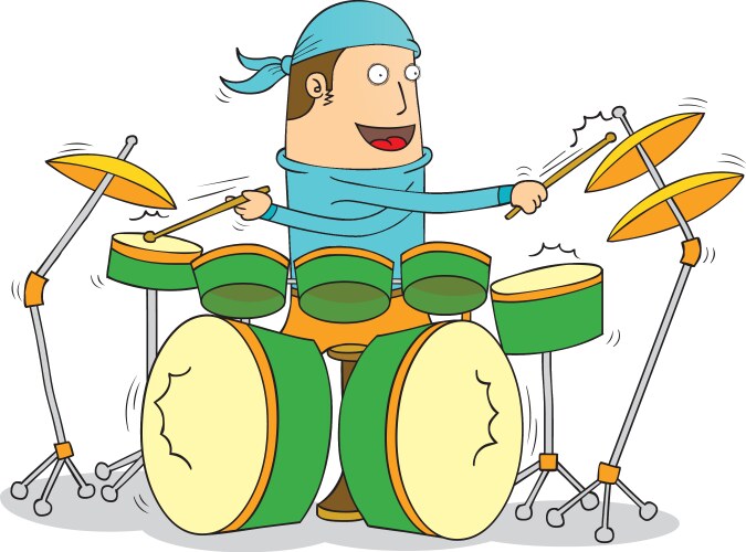 Wild drummer playing drum set cartoon Royalty Free Vector