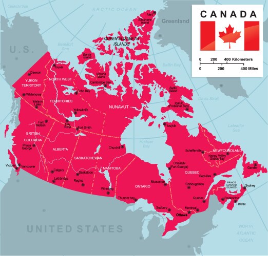 Canada map with provinces and cities Royalty Free Vector