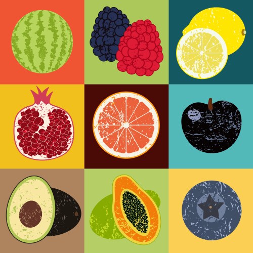 Pop art grunge style fruit poster set of fruits Vector Image