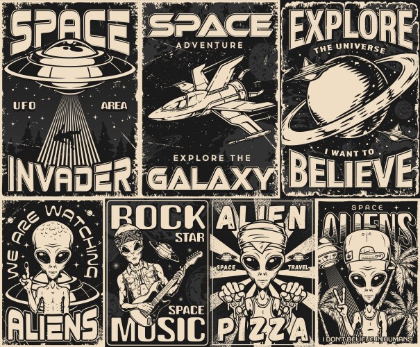 Aliens set vintage monochrome flyers Royalty Free Vector