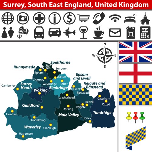 Modern map - surrey county with district labels Vector Image