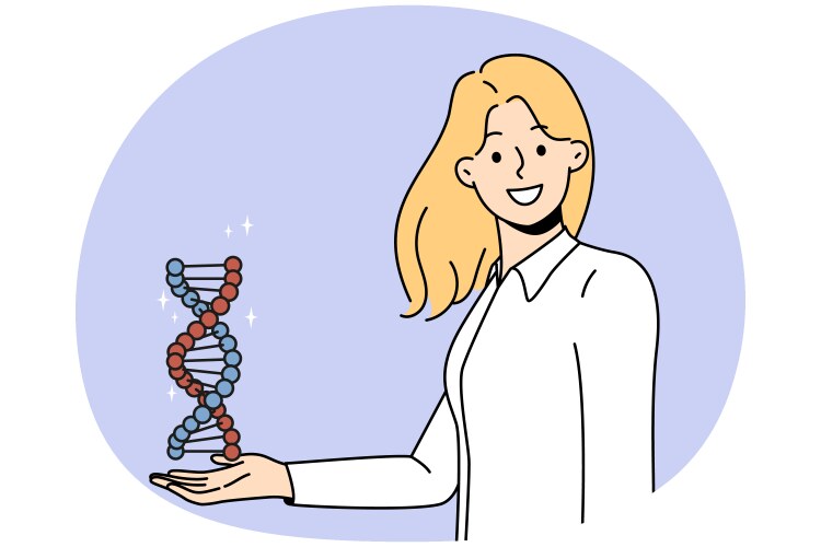 Smiling female scientist hold dna model Royalty Free Vector
