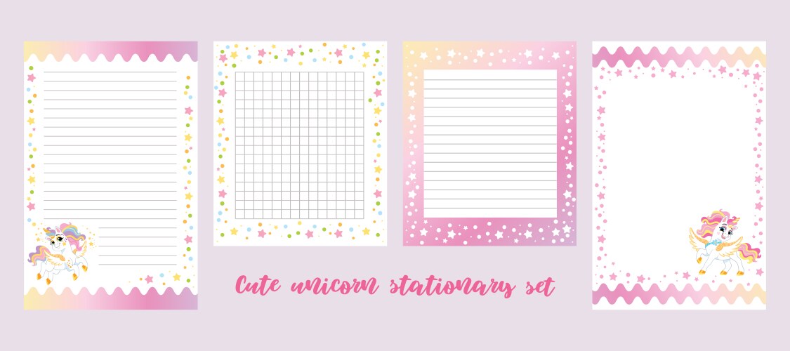 Printable happy rainbow unicorns note pages set Vector Image