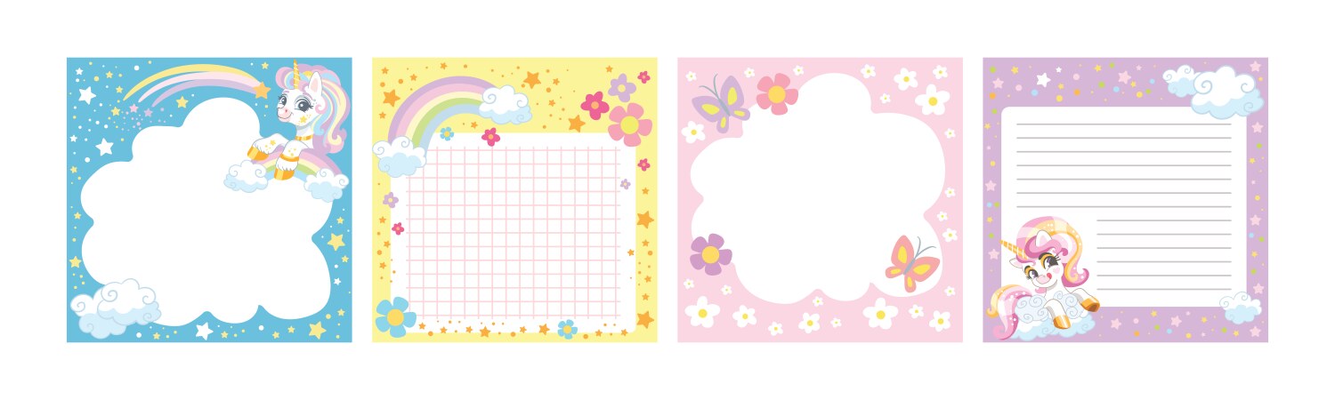Printable cute unicorns note pages set 2 Vector Image
