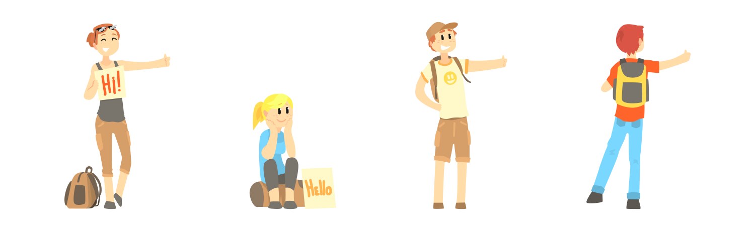 People character standing and hitchhiking catching