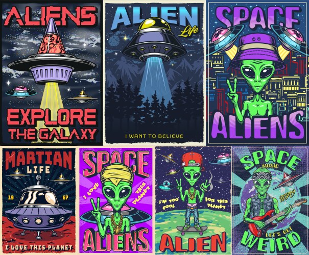 Aliens area colorful set posters Royalty Free Vector Image