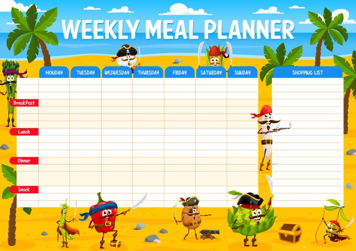 Weekly meal planner cartoon pastry characters Vector Image