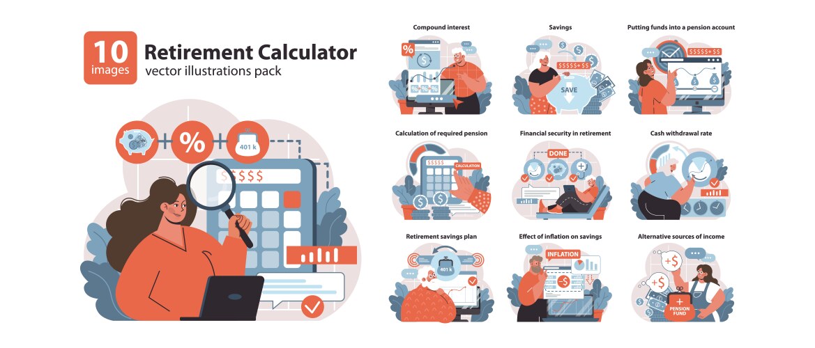 Retirement calculator set navigating financial Vector Image