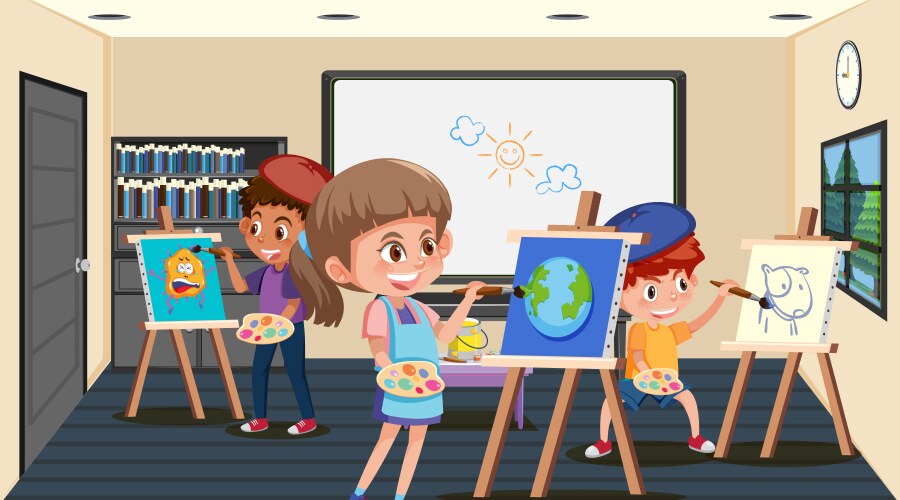 School classroom with student kids Royalty Free Vector Image