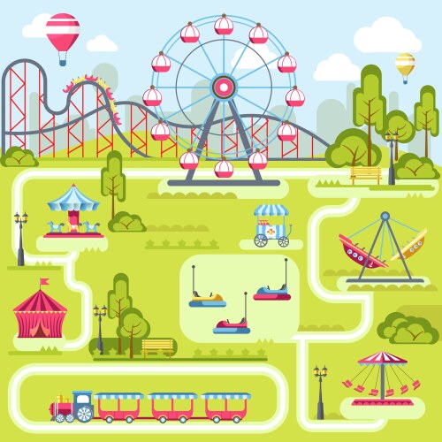 Map of amusement park with attractions Royalty Free Vector