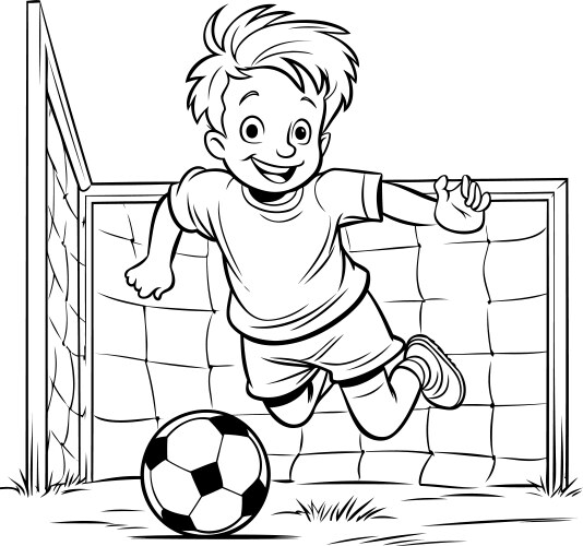 Boy playing soccer cartoon coloring book for kids Vector Image