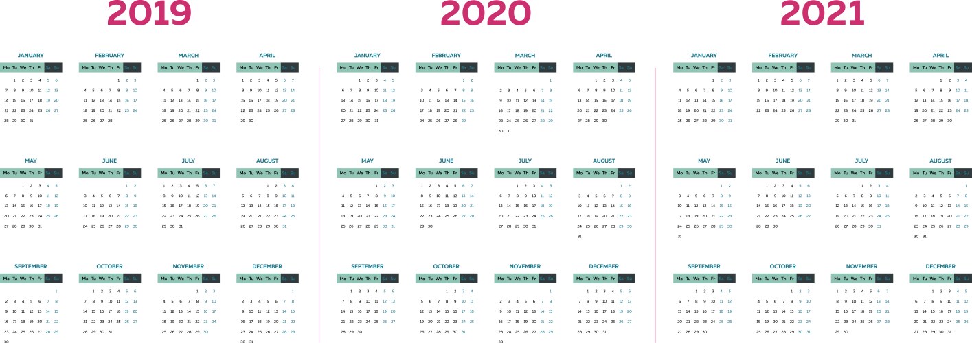 Calendar 2021 2022 2023 2024 2025 2026 2027 years Vector Image