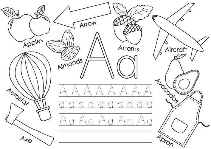 Alphabet f with cartoon vocabulary for coloring Vector Image