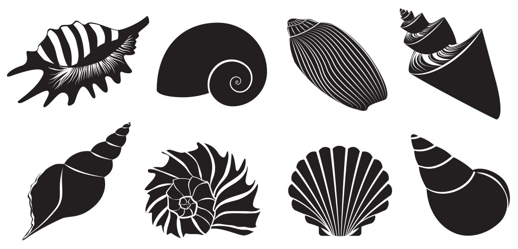 Sea shells seashell silhouettes set Royalty Free Vector
