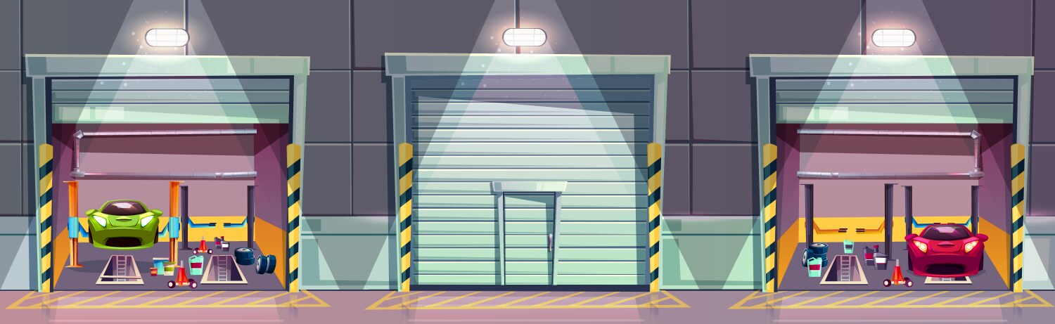 Cartoon mechanic workshop fitting repair Vector Image