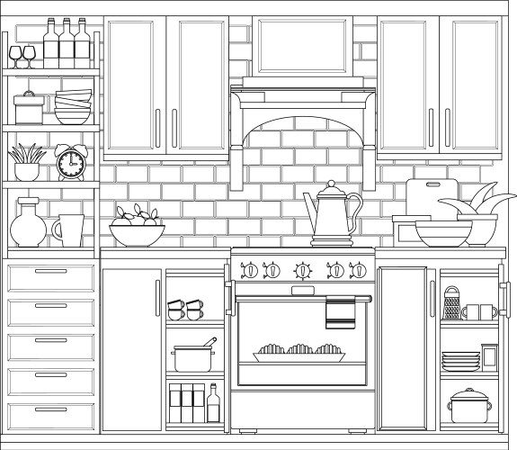 Line drawing a cozy kitchen Royalty Free Vector Image