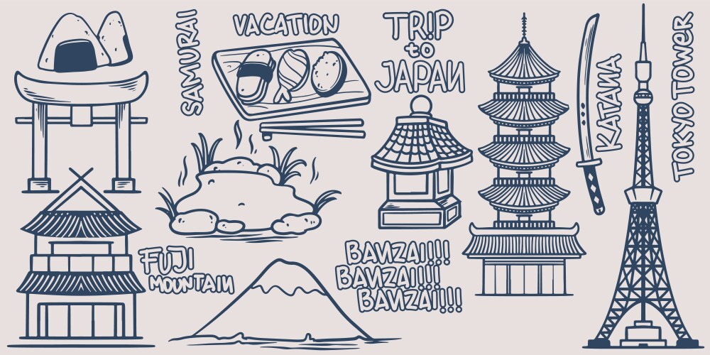 Japan travel doodle set icon hand drawn japanese Vector Image