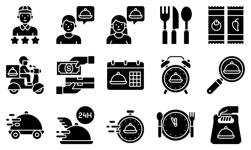 Food delivery essentials solid icons set 3 Vector Image
