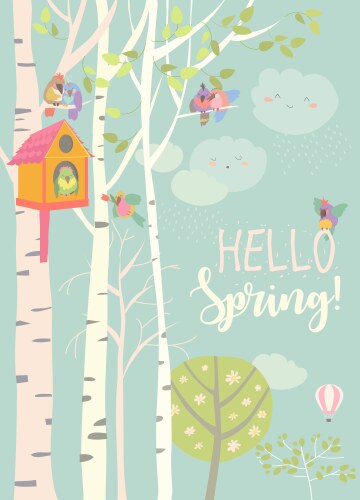 Cute little birds and birdhouse on spring tree Vector Image