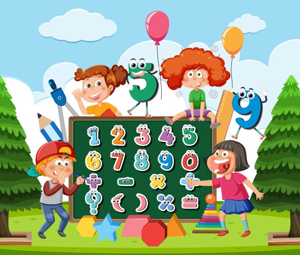 School kids with math theme outdoor background Vector Image