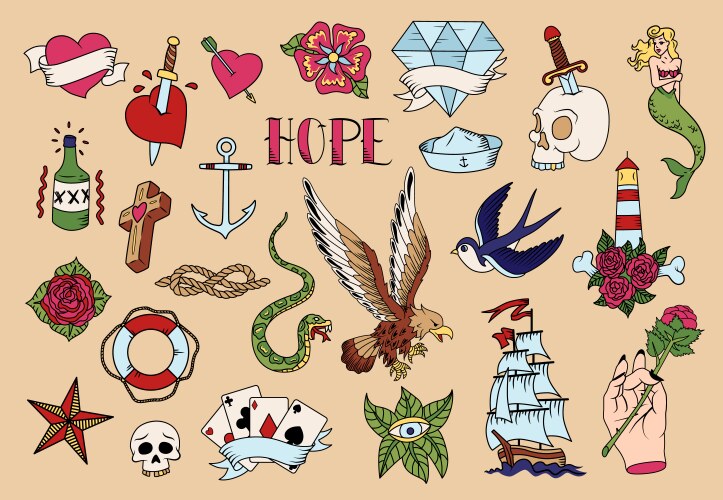 Traditional tattoo art icons Royalty Free Vector Image