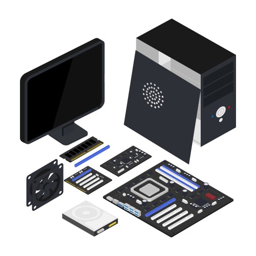 Personal computer case and monitor isometric view Vector Image