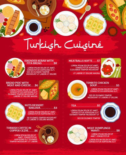 Turkish cuisine restaurant food menu page design Vector Image
