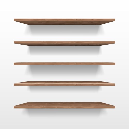 Realistic wooden store shelves with wall mount Vector Image