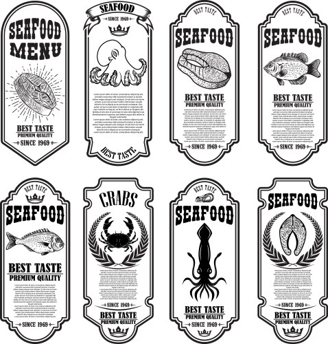 Fish seafood packaging label design Royalty Free Vector