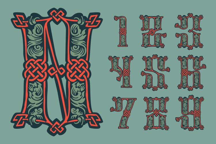 Number two drop cap logo in engraved medieval Vector Image