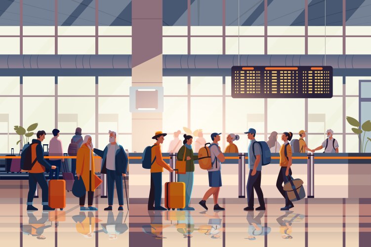 Passengers with luggage in arrival waiting room Vector Image