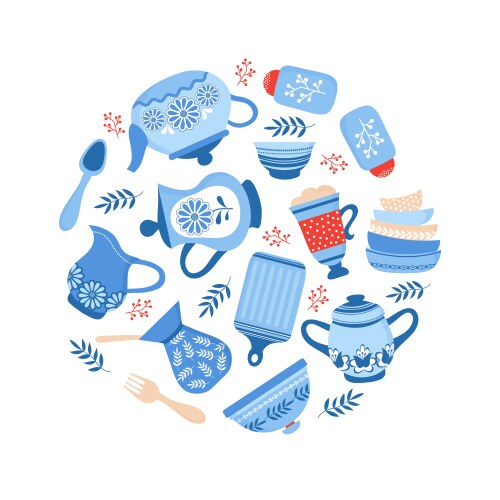 Crockery ceramic cookware blue porcelain bowls Vector Image