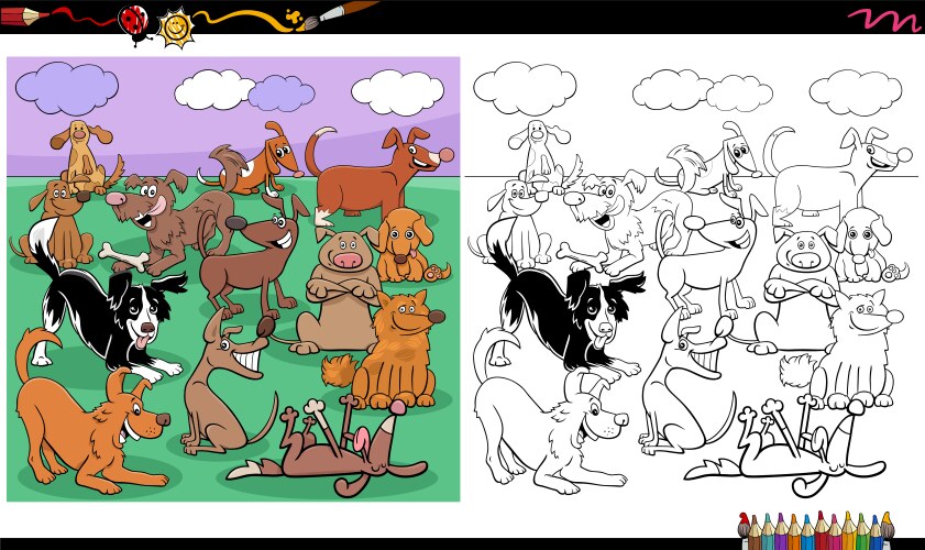 Differences game with cartoon dogs coloring page Vector Image