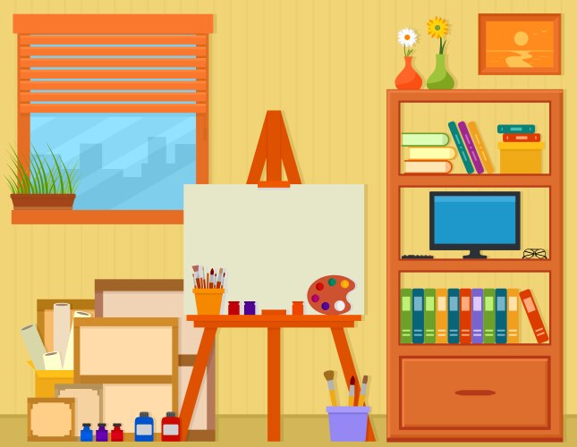 Creative art studio workshop room flat interior Vector Image