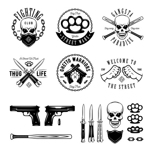 Set of gangster emblems skull with two crossed Vector Image
