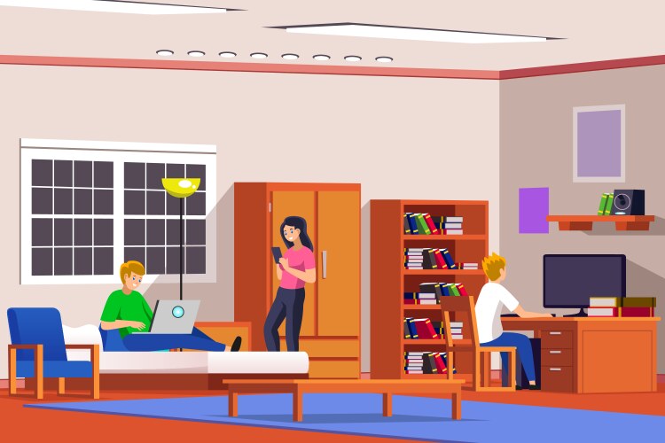 Cartoon students group in dormitory room Vector Image