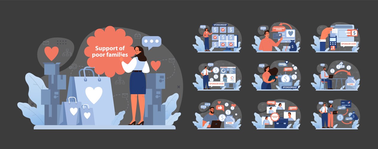 Charity support set flat Royalty Free Vector Image