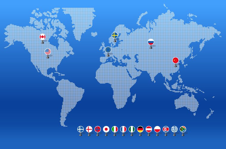 Map and flags of different countries Royalty Free Vector