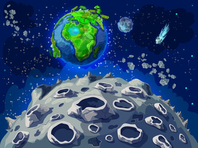 Cartoon starry space landscape rocket and planets Vector Image