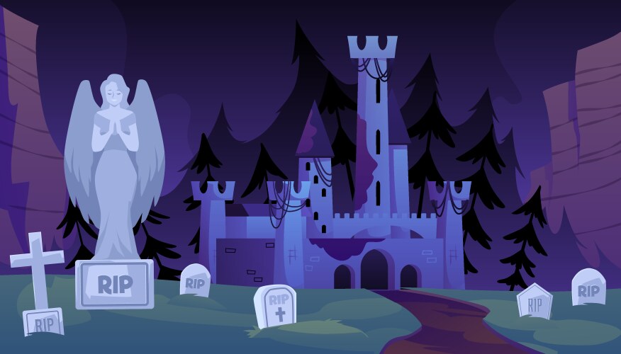 Cartoon Cemetery Gates A Stylized Cemetery Gate Under A Full Moon