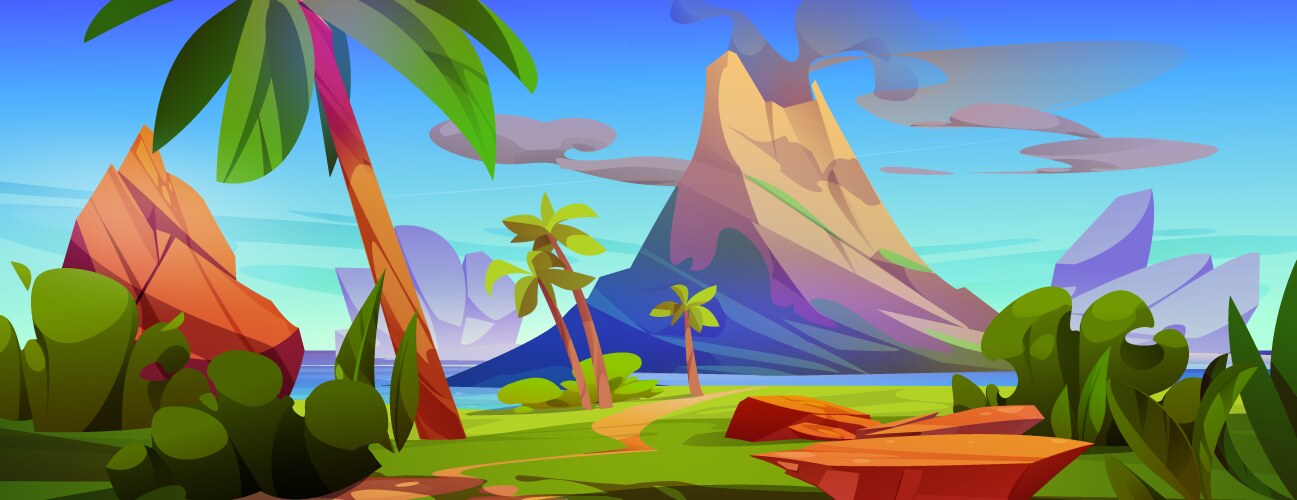 Volcano eruption cartoon background Royalty Free Vector