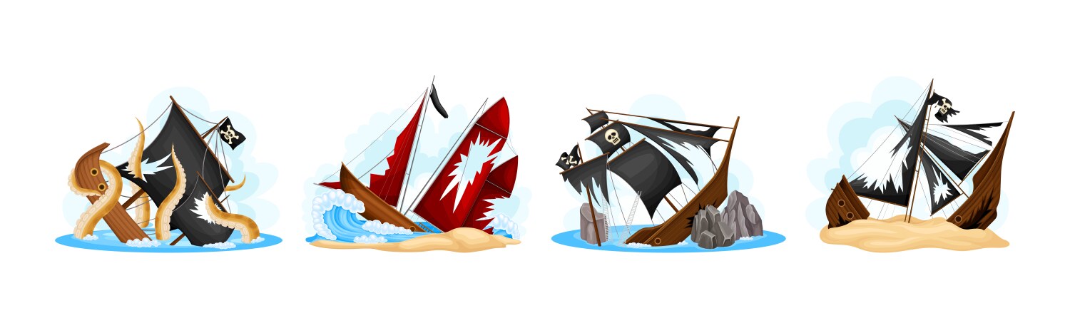 Pirate shipwreck with wooden deck and sail Vector Image