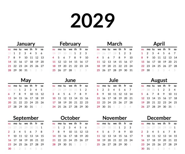 2024 2025 to 2030 calendar set week starts Vector Image