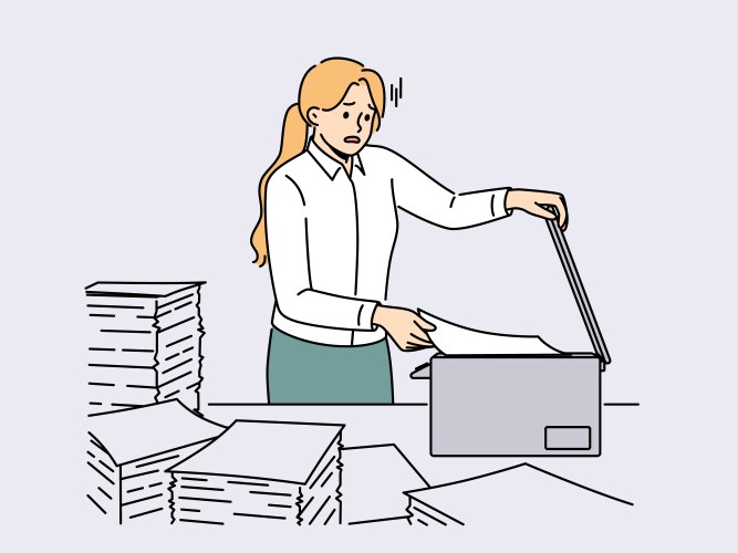 Smiling employees give paperwork to stressed Vector Image