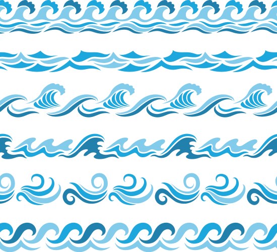 Sea water waves seamless borders set Royalty Free Vector