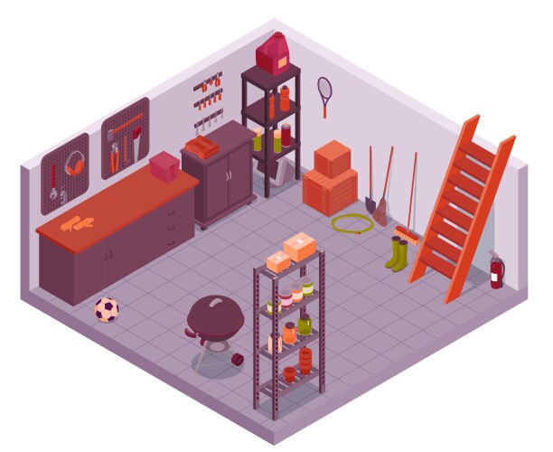 Storeroom interior isometric background Royalty Free Vector
