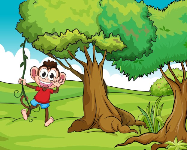 Cartoon a monkey sitting on tree stump with green Vector Image