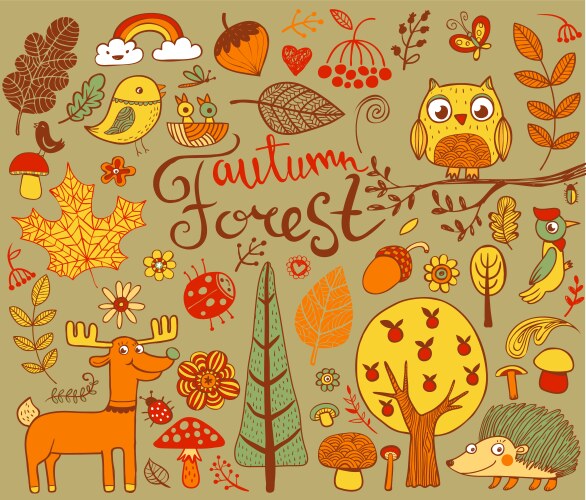 Autumn forest design elements in doodle style Vector Image