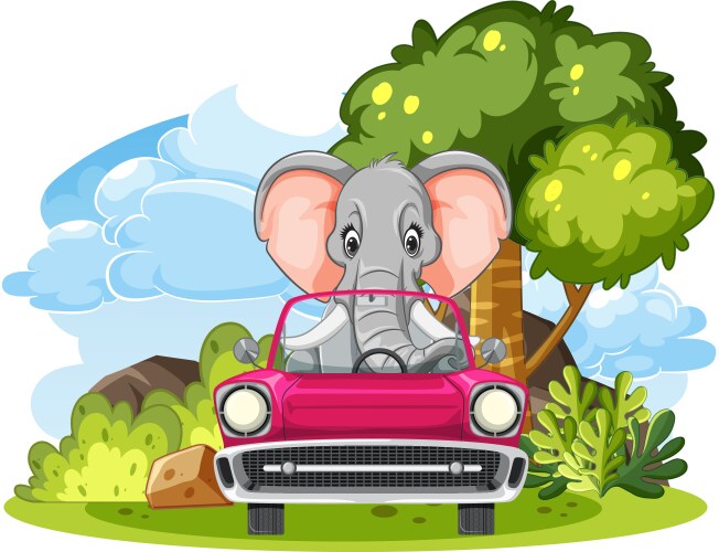 Cartoon elephant driving a vibrant purple car Vector Image